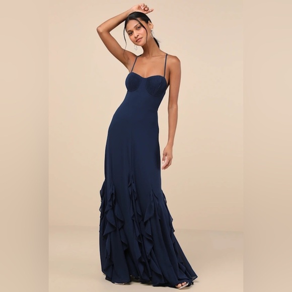 Lulus | Dresses | Lulus Priela Dark Navy Ruffle Laceup Maxi Dress Size ...